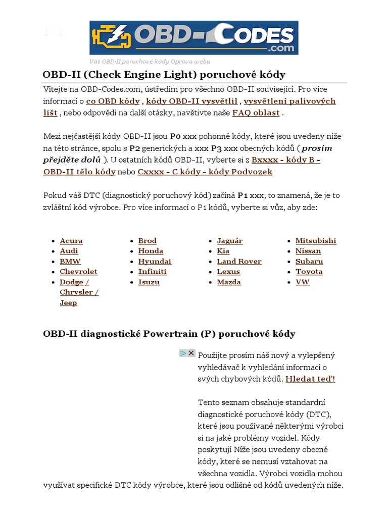 Chybové Kódy OBD 2 Rozdělení Pro VW Diagnostika | PDF
