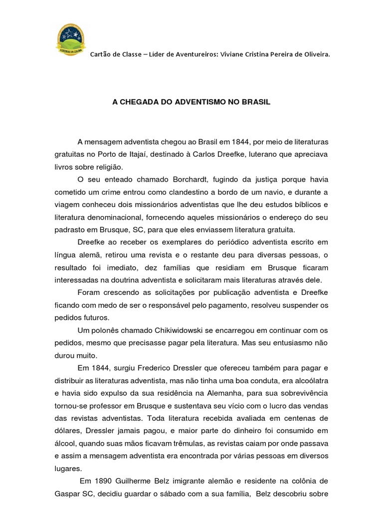 Chegada do Adventismo no Brasil | PDF | Igreja Adventista do Sétimo Dia ...