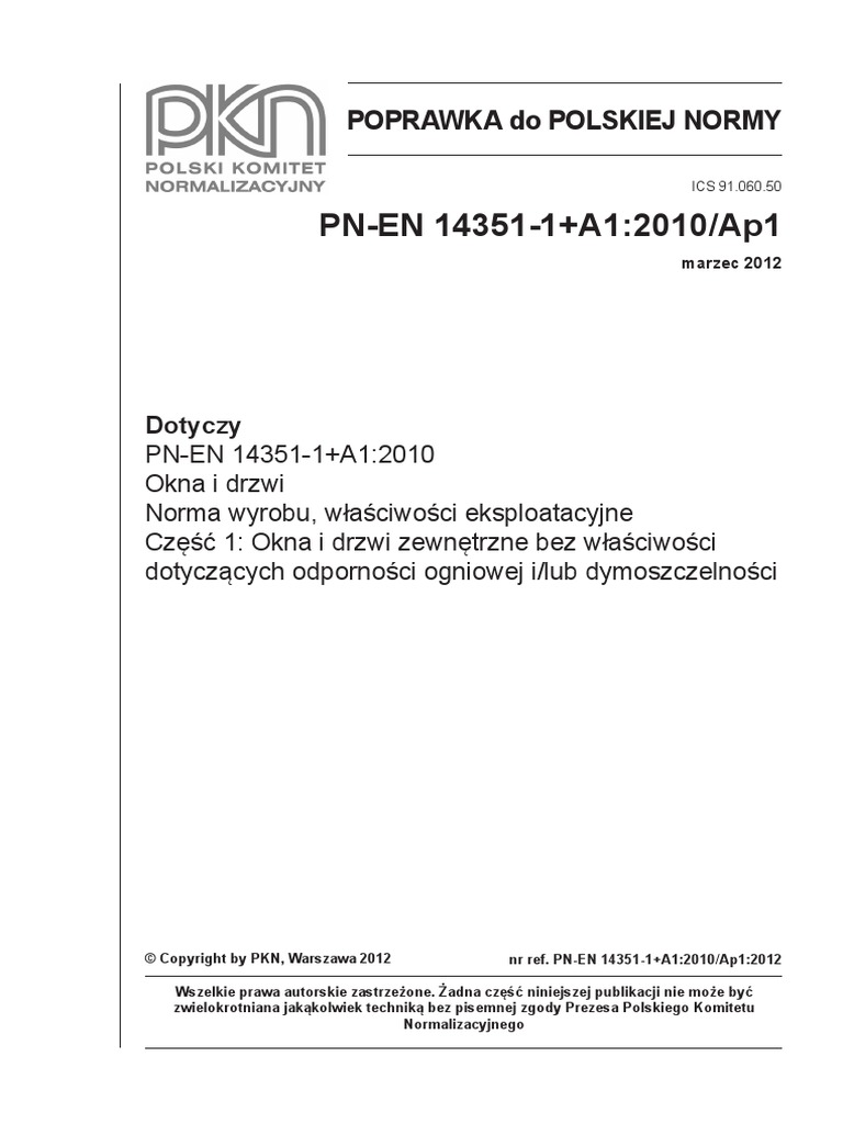 PN-EN 14351-1+A1:2010/Ap1: Poprawka Do Polskiej Normy | PDF