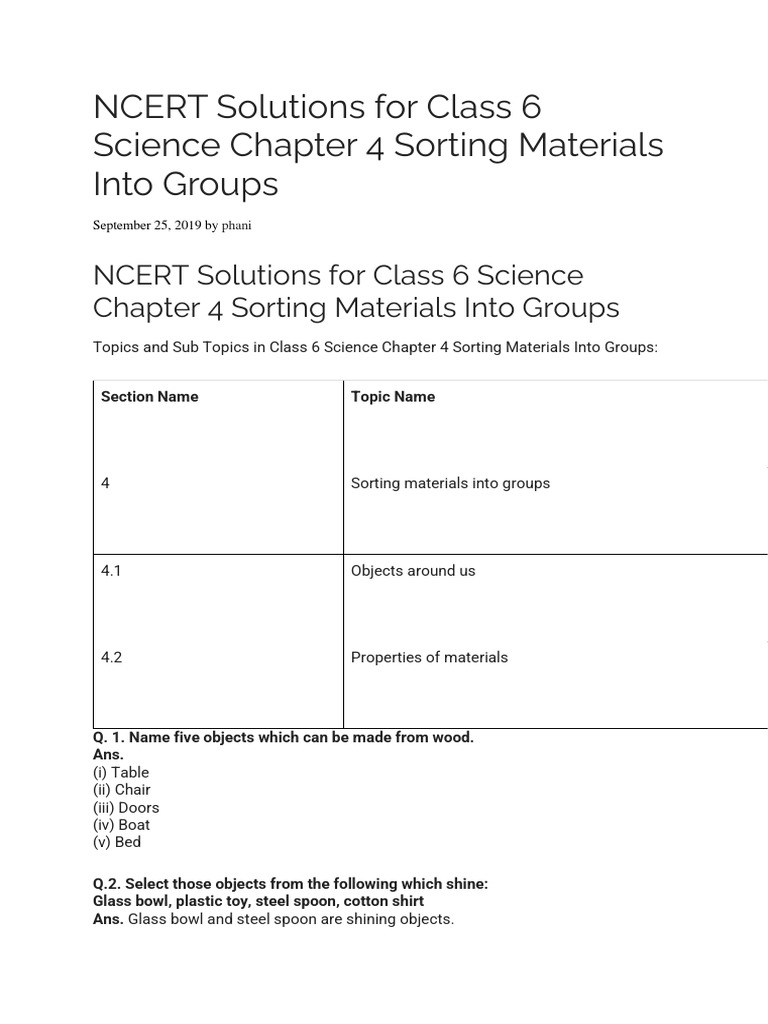 NCERT Solutions For Class 6 Science Chapter 4 Sorting Materials Into Groups | PDF | Water ...
