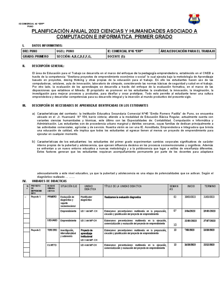 Planificación Anual EPT 1° CH 2023. | Descargar gratis PDF | Evaluación | Iniciativa empresarial