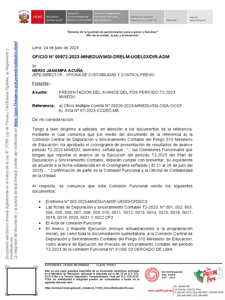Oficio 00972 2023 Minedu Vmgi Drelm Ugel03 Dir Adm | PDF
