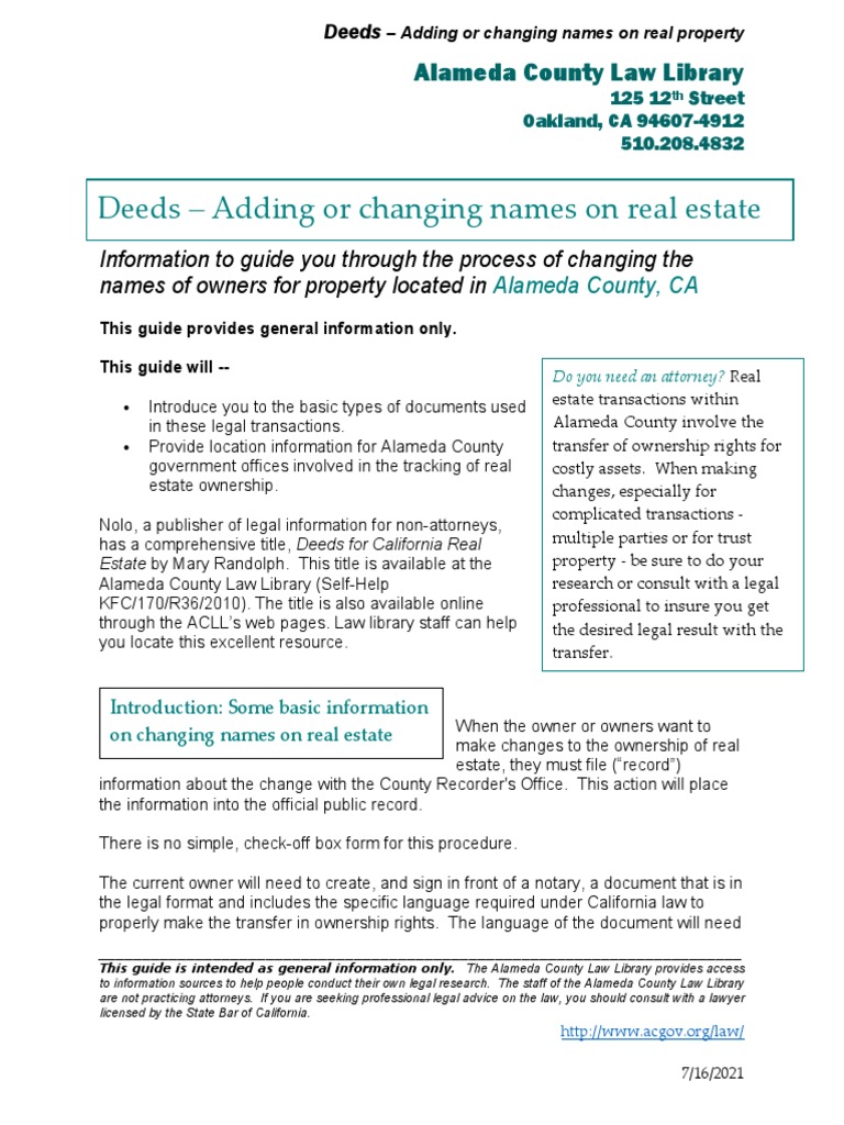 Alameda County - Adding or Changing Names On Deeds | PDF | Concurrent Estate | Deed