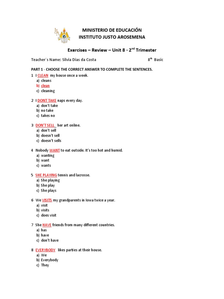 Exercises Unit 8 | PDF