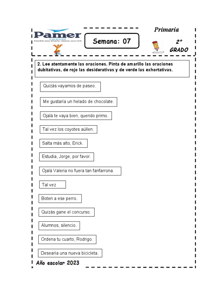 Ficha de Trabajo La Oración Dubitativa, Desiderativa y Exhortativa 2. | PDF