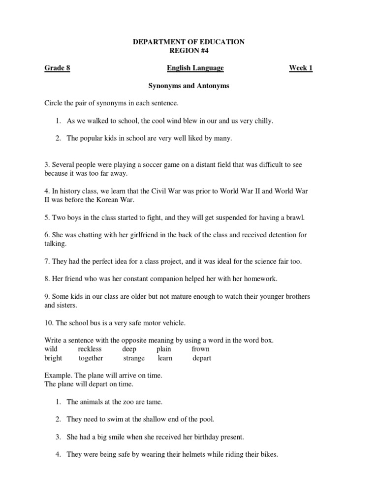 Grade 8 English Language - Week 1 | PDF