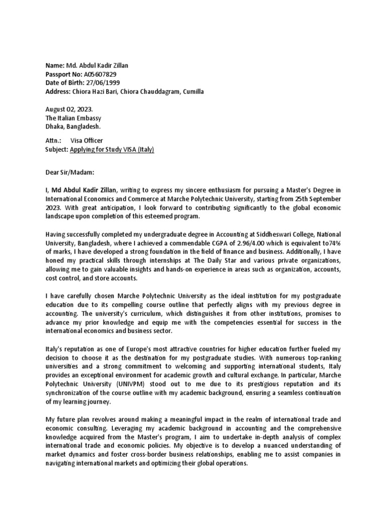 GA. Cover Letter - Applying For Study Visa in Italy 1 | PDF