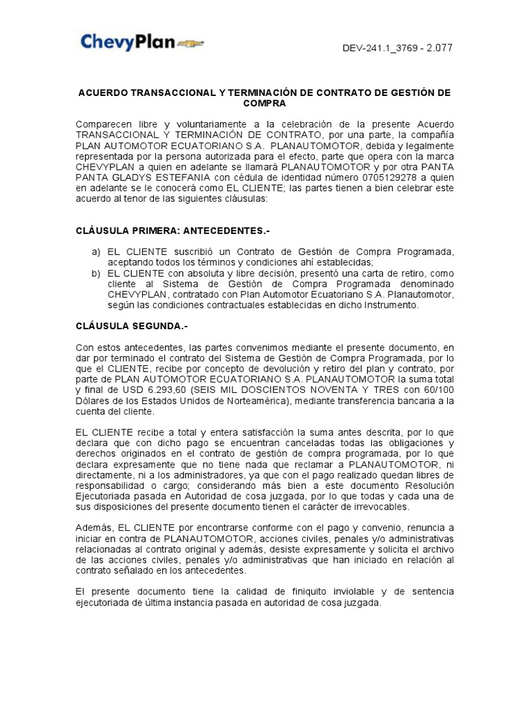 Acuerdo Transaccional - 0705129278 - PANTA PANTA GLADYS ESTEFANIA | PDF | Mediación | Arbitraje