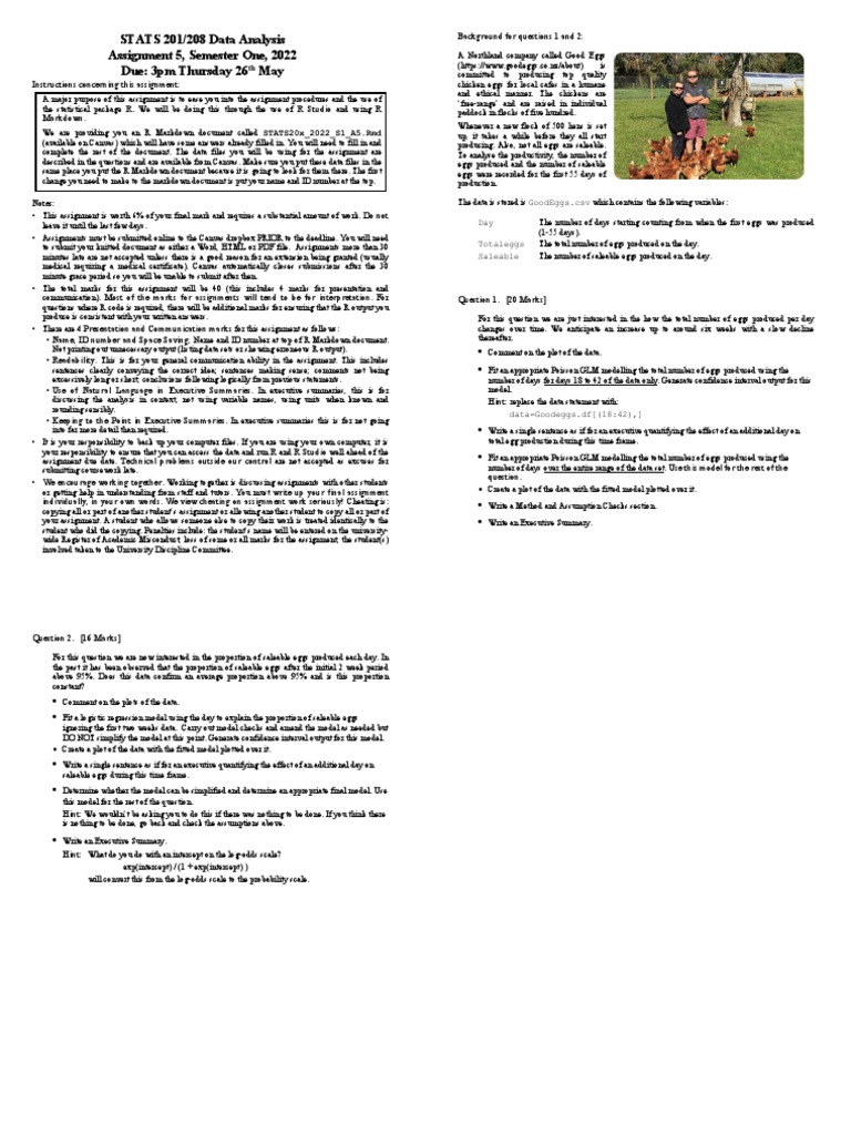 STATS 201/208 Data Analysis Assignment 5, Semester One, 2022 Due: 3pm Thursday 26 May | PDF
