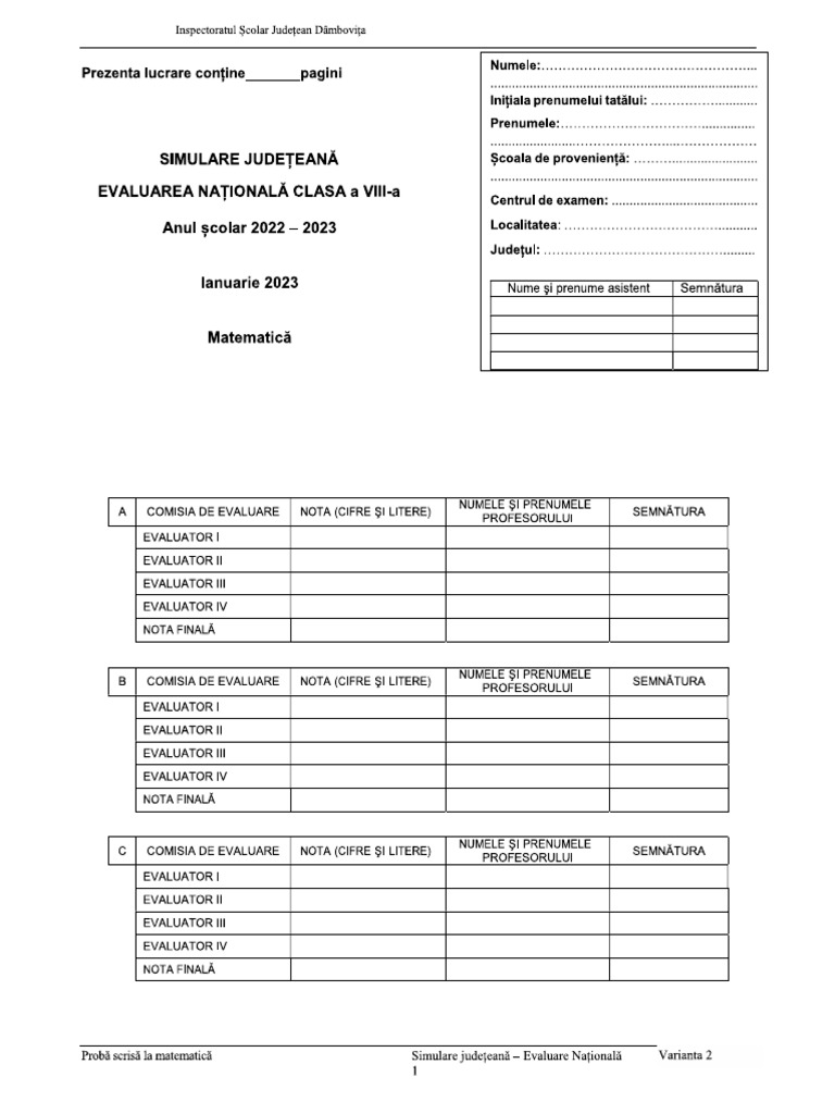 Simulare Evaluarea Nationala 2023 - Dambovita - Matematica | PDF