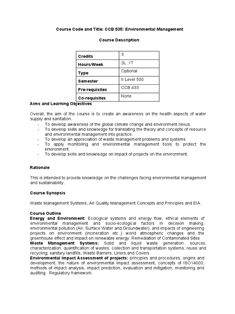 CCB 535 Environmental Management - Course Outline Sem 1 - 2022 | PDF ...