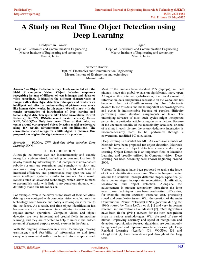 A Study On Real Time Object Detection Using Deep Learning IJERTV11IS050269 | PDF | Computer ...