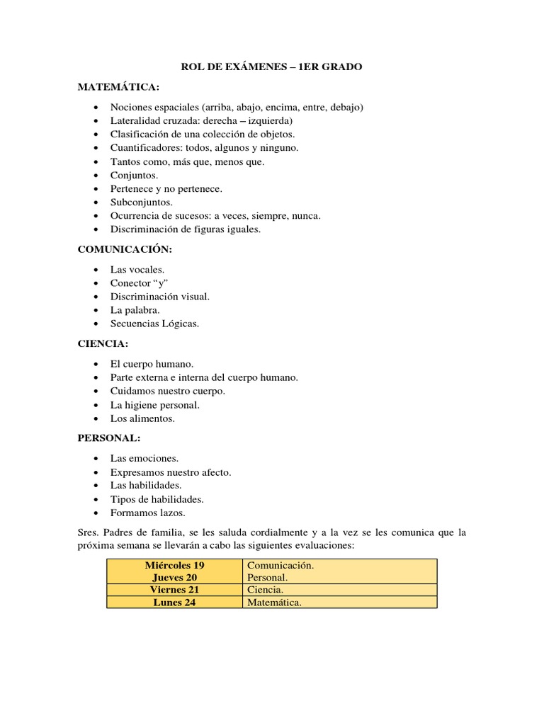 ROL DE EXÁMENES 1ra UNIDAD - 1er GRADO | PDF