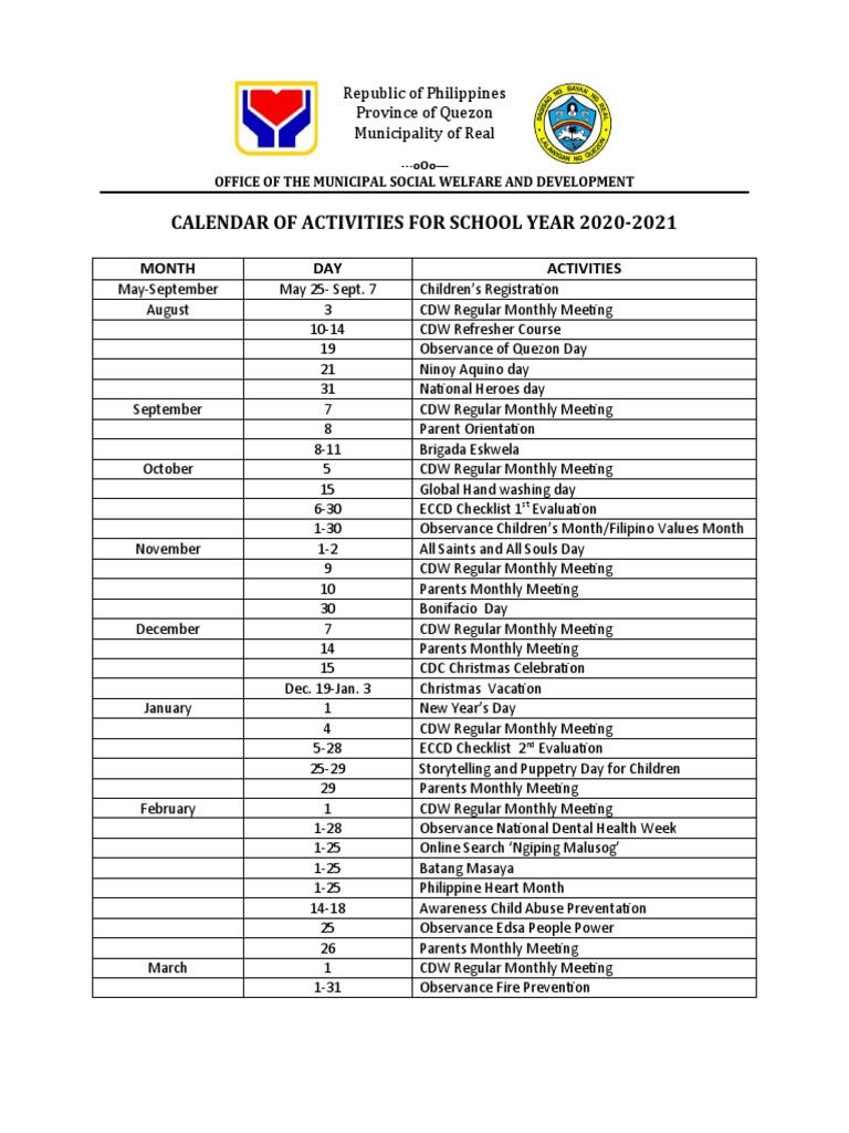 Calendar of Activities | PDF