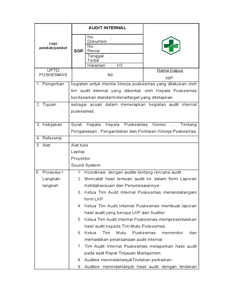 Internal Audit SOP for Puskesmas | PDF