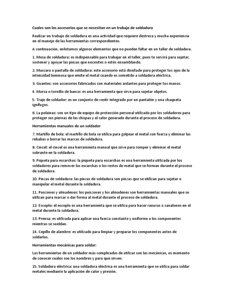 Cuales Son Los Accesorios Que Se Necesitan en Un Trabajo de Soldadura | PDF Cuales Son Los Accesorios Que Se Necesitan en Un Trabajo de Soldadura | PDF