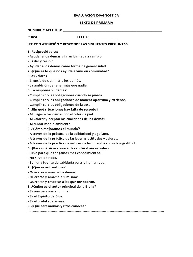 EVALUACIÓN DIAGNÓSTICA - 6to grado | PDF
