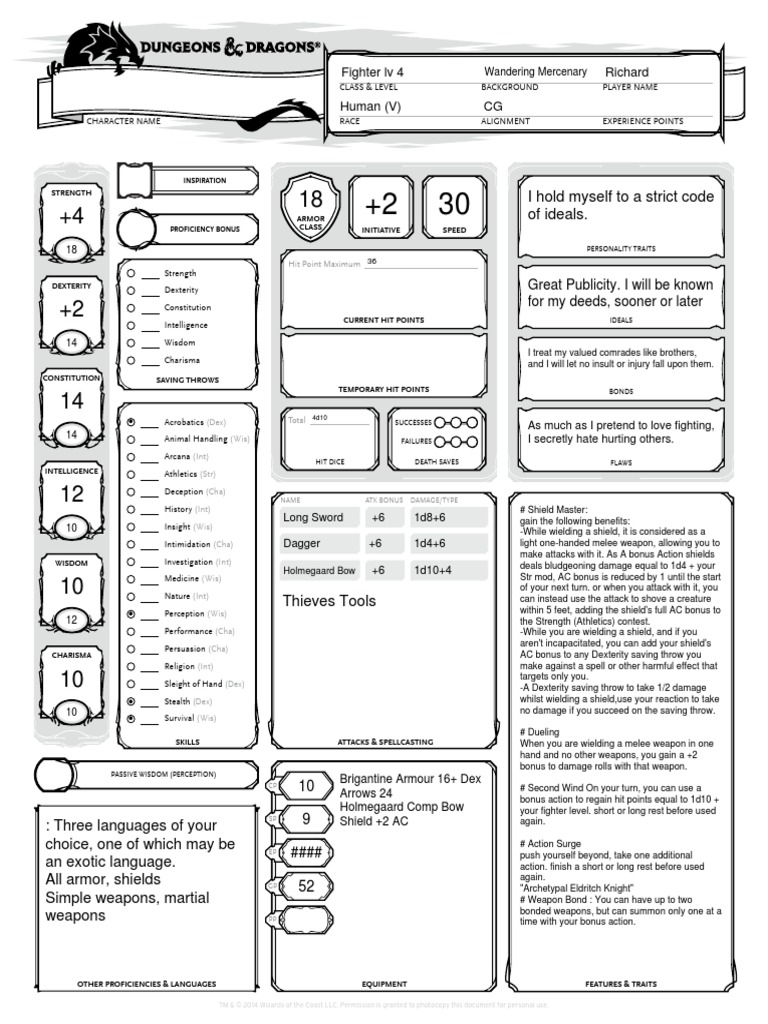 Variant Human Fighter Character Sheet | PDF