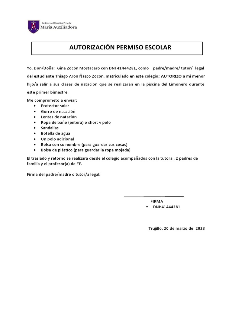 Autorizacion Permiso Escolar | PDF