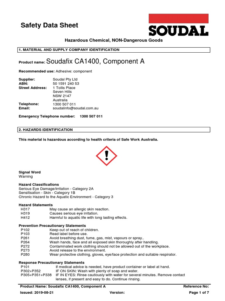 SDS - Soudal Soudafix CA 1400 Component A | PDF