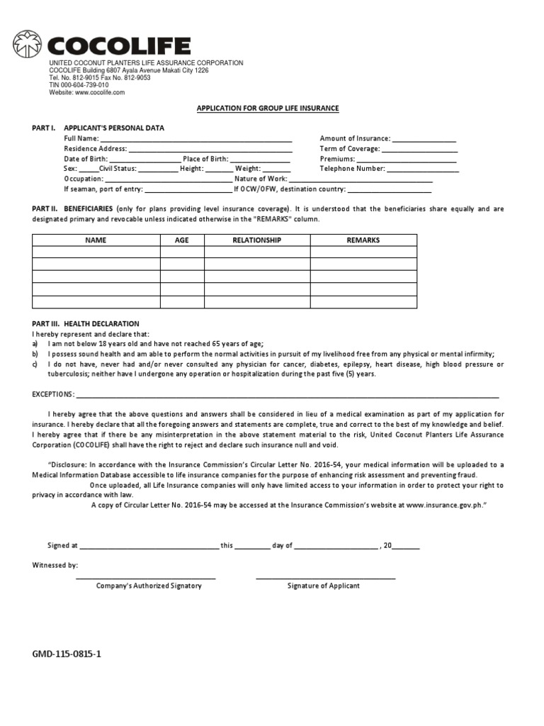 COCOLIFE Application Form | PDF | Insurance | Life Insurance