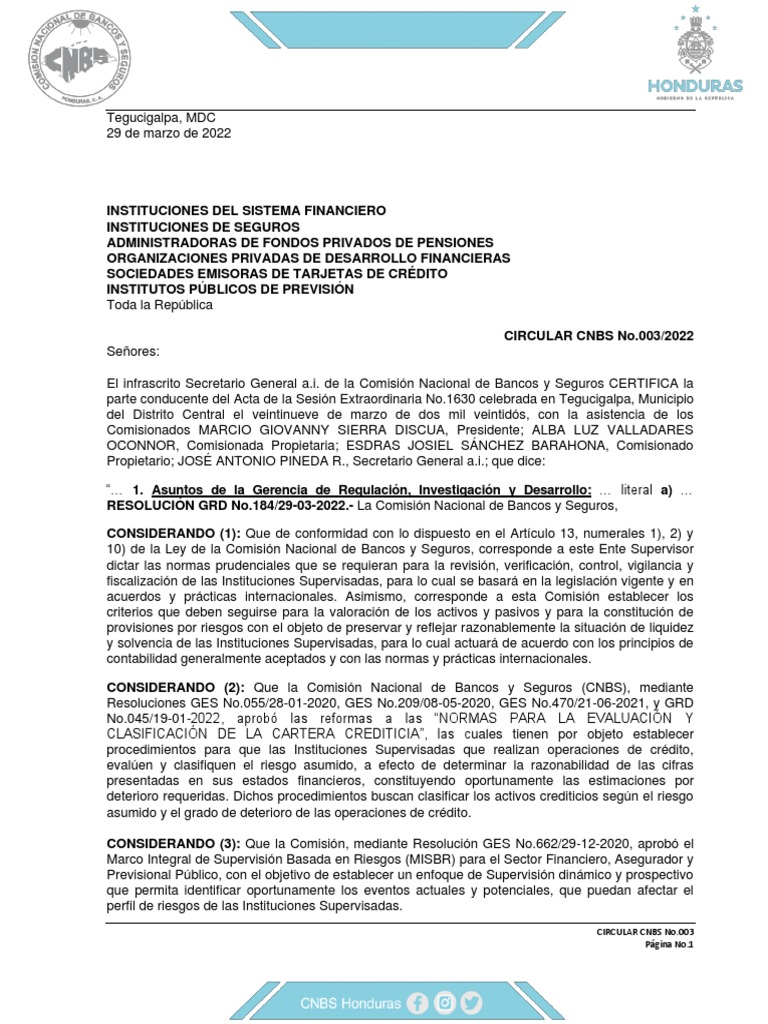 Circular Cnbs No.003 Página No.1 | PDF | Pagos | Crédito