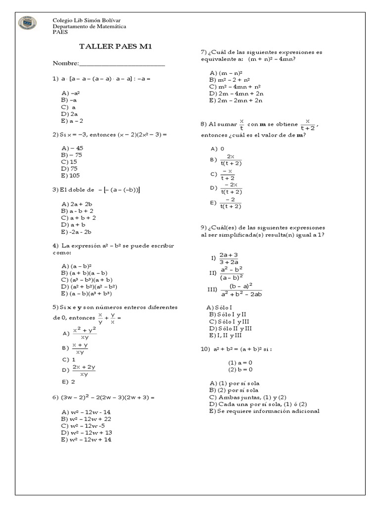 Taller 3 PAES M1 Algebra | PDF | Matemáticas | Álgebra