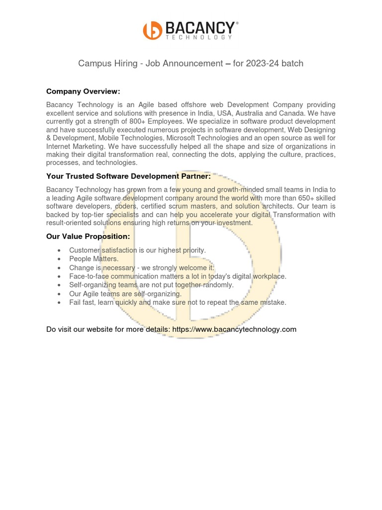 Guidelines Campus Recruitment Bacancy Technology | PDF | Agile Software ...