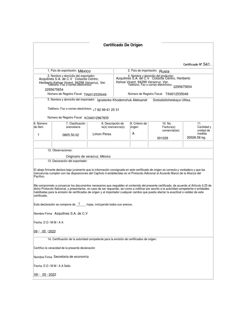 Certificado de Origen e Instructivo | PDF