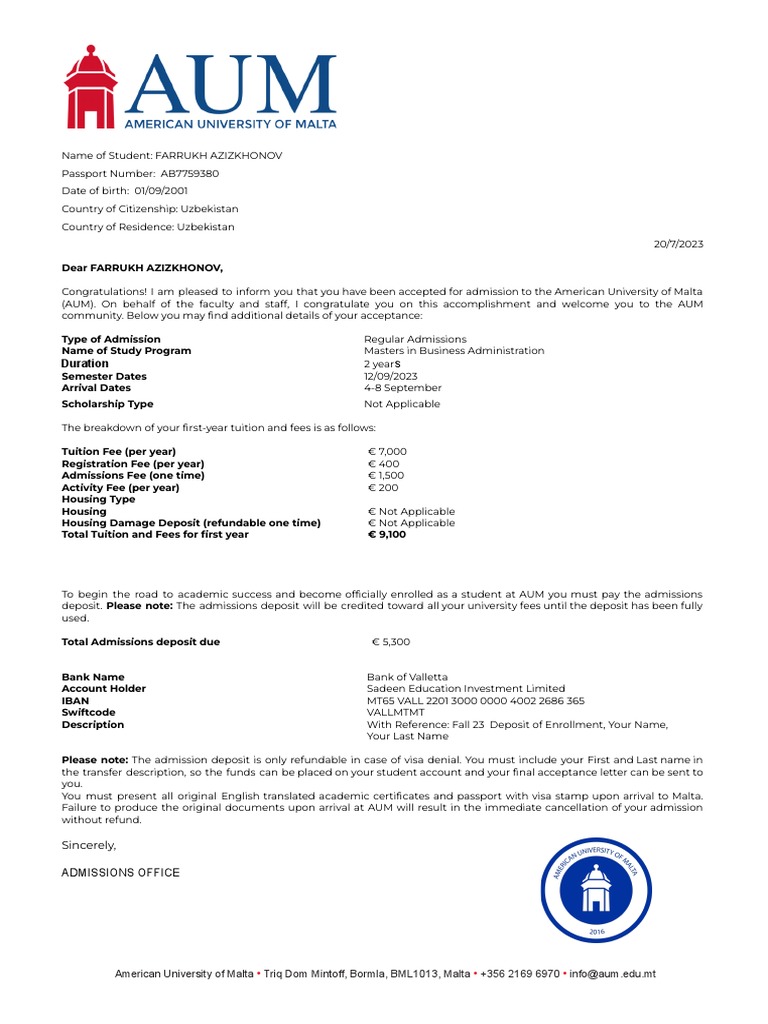 Regular Offer Letter - Aum-00017305 - Farrukh Azizkhonov PDF | PDF ...