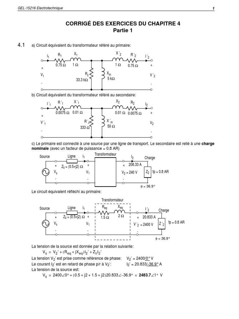 Corrigé Exercices Électrotechnique Chapitre 4 | PDF