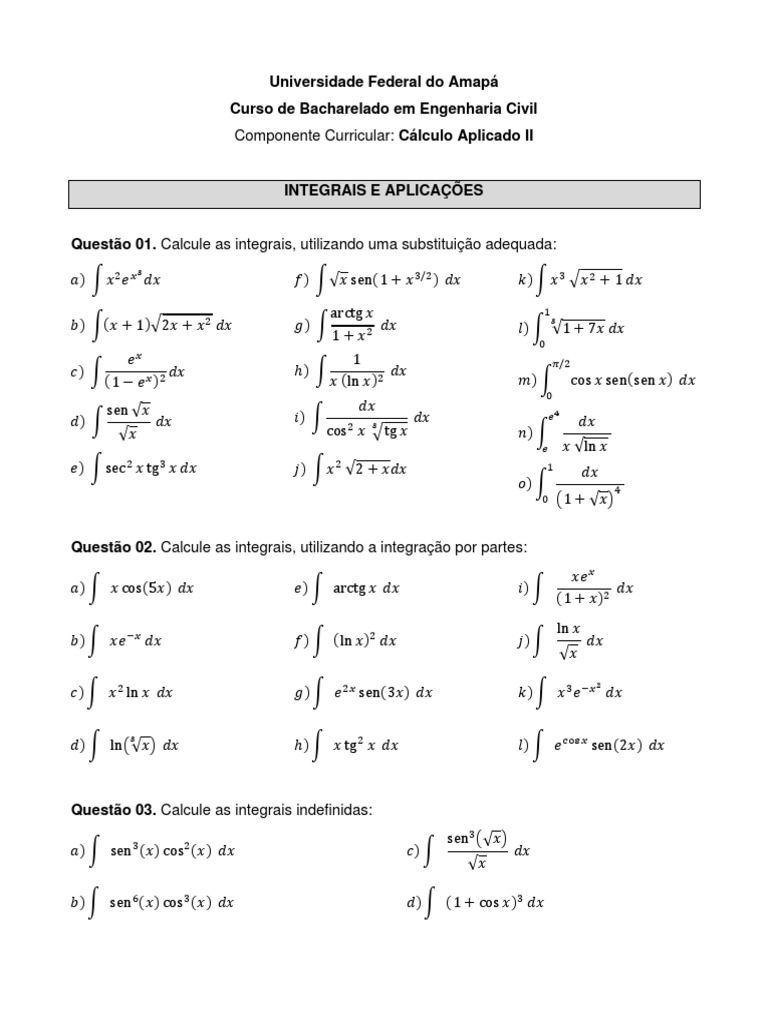 2-Lista de Exercícios-Técnica de Integração e Aplicações Da Integral ...