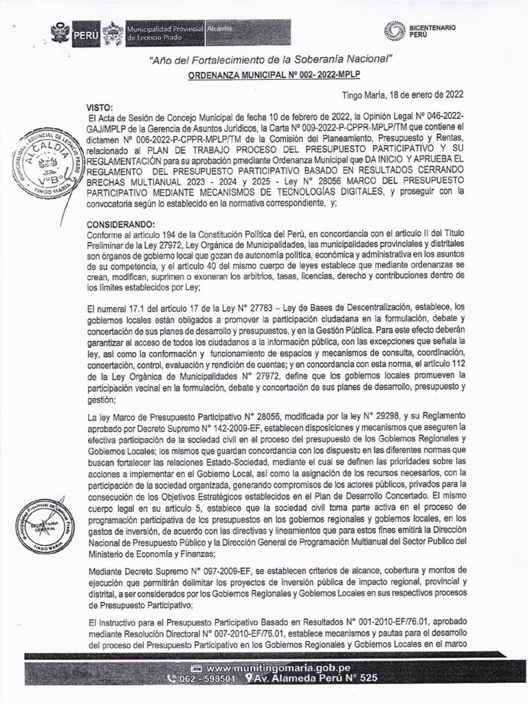 Ordenanza Municipal Nº002-2022-Mplp | PDF | Finanzas y dinero