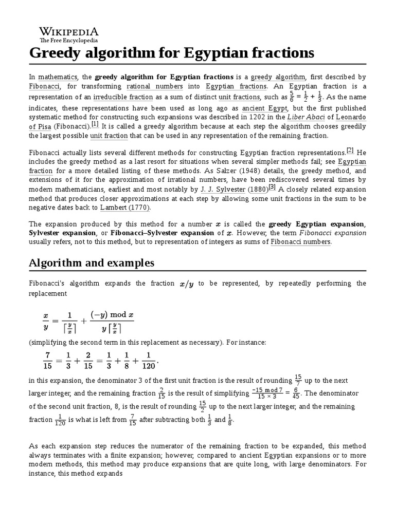 Greedy Algorithm For Egyptian Fractions | PDF