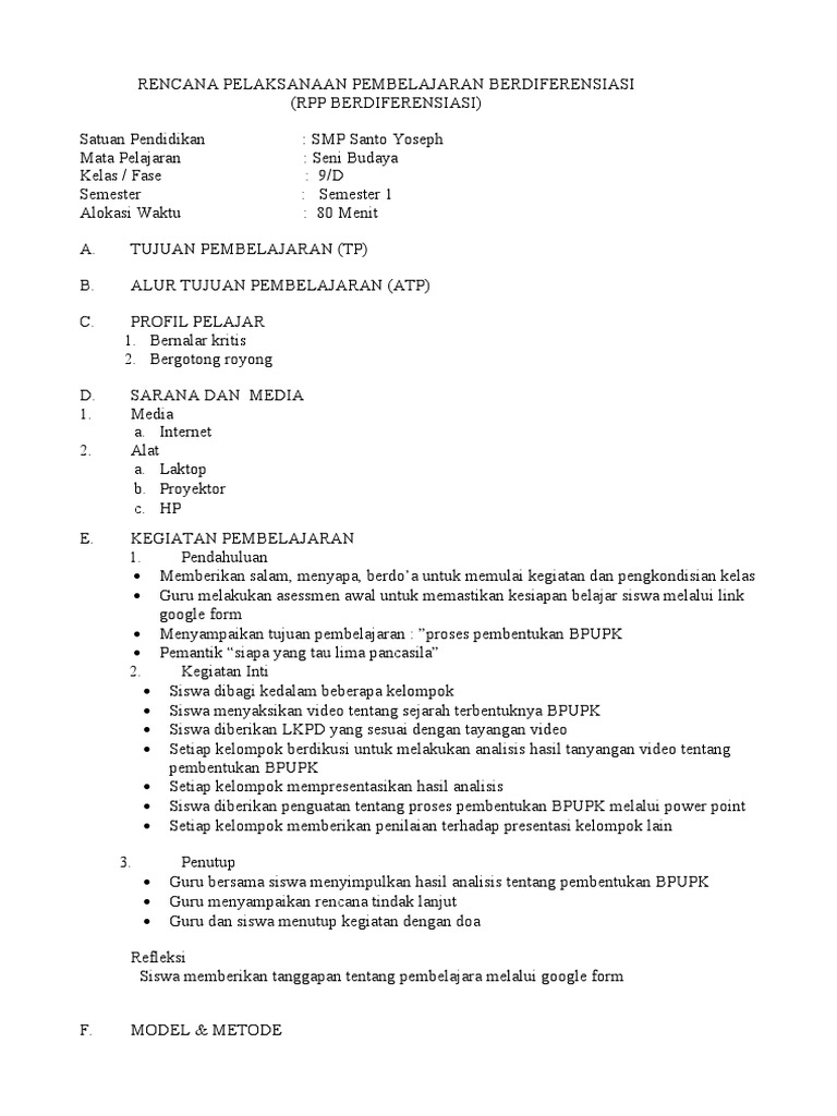 Rencana Pelaksanaan Pembelajaran Berdiferensiasi | PDF