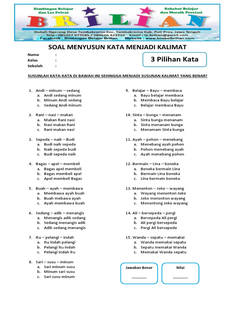 Soal Menyusun Kalimat Dengan 3 Pilihan Kata | PDF