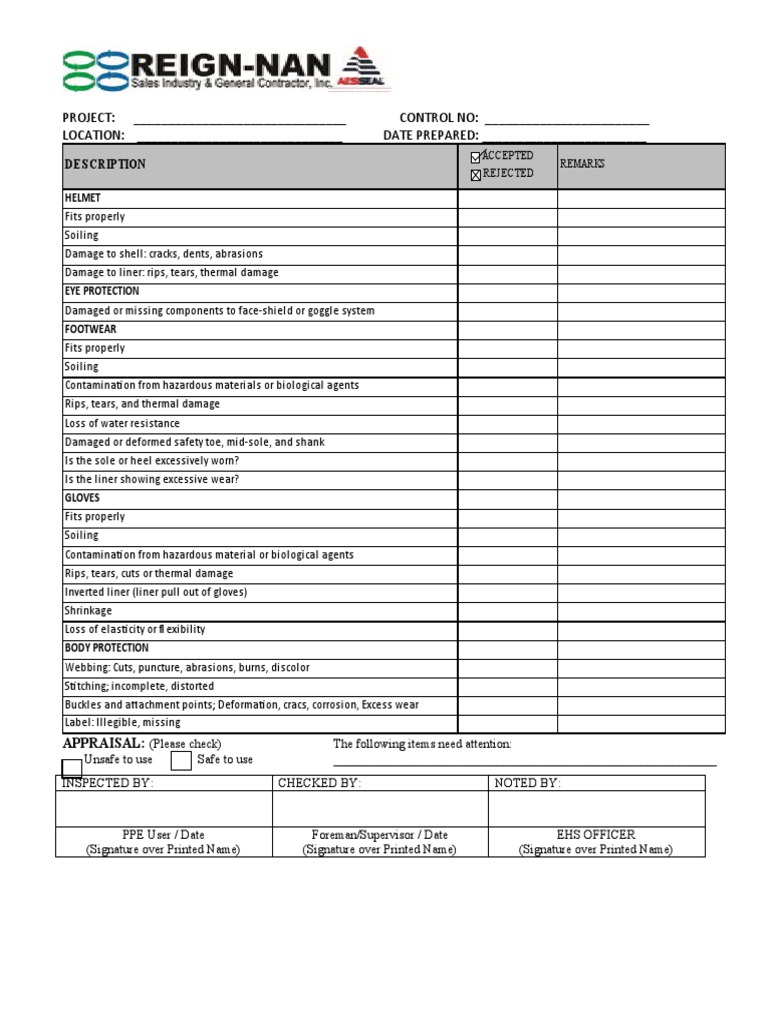 F-SHE-SAF-21 PPE Inspection Checklist | PDF