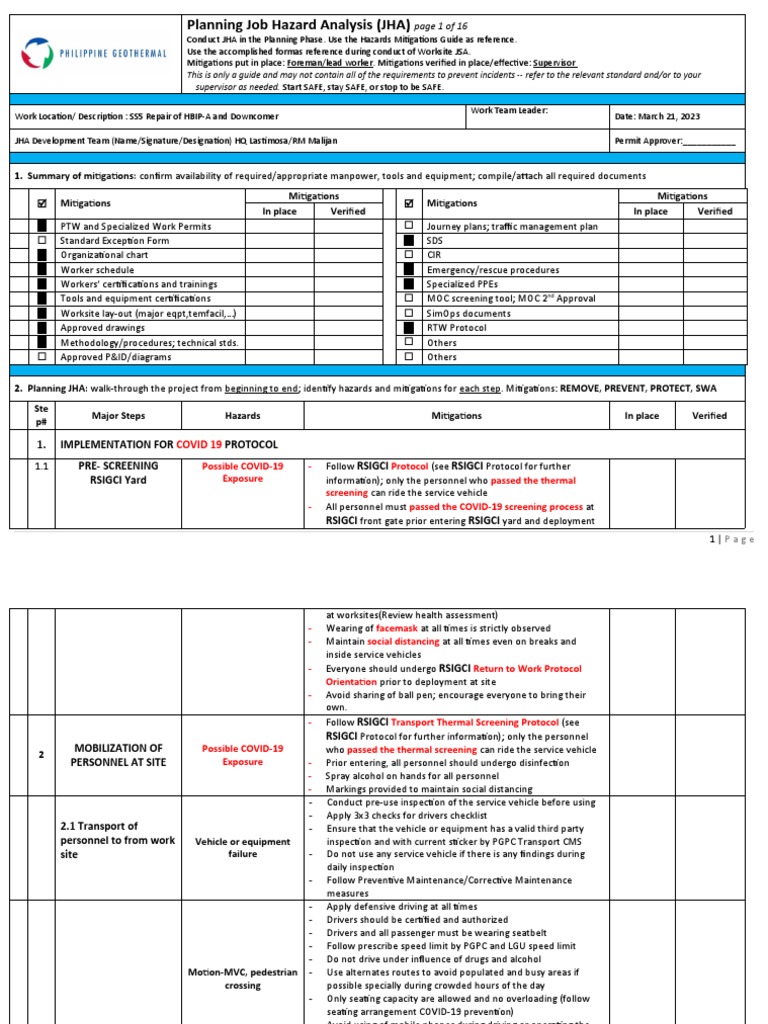 Planning JHA Form For Repair of HBIP-A and Downcomer | PDF | Personal ...