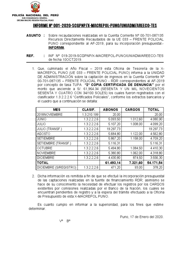 Informe Recaudacion de RDR #001 | PDF