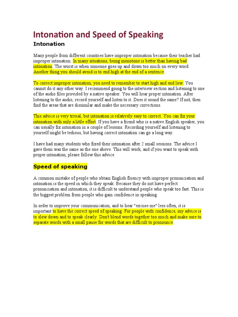 Intonation and Speed of Speaking | PDF