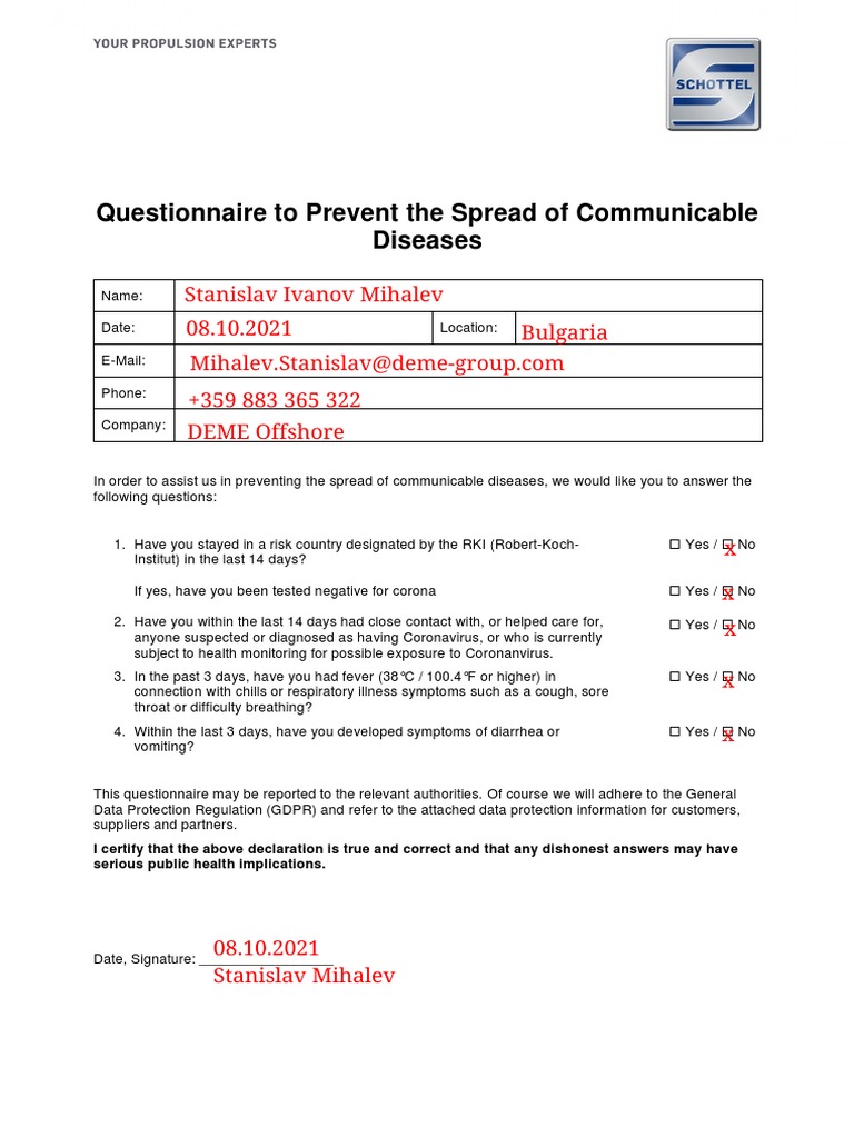 Questionnaire To Prevent The Spread of Communicable Diseases | PDF ...