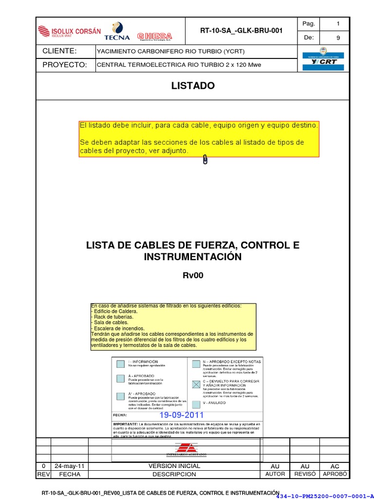 RT-10-SA-GLK-BRU-001 - Rev - A - Lista de Cables de Fuerza, Control e Instrumentación | PDF