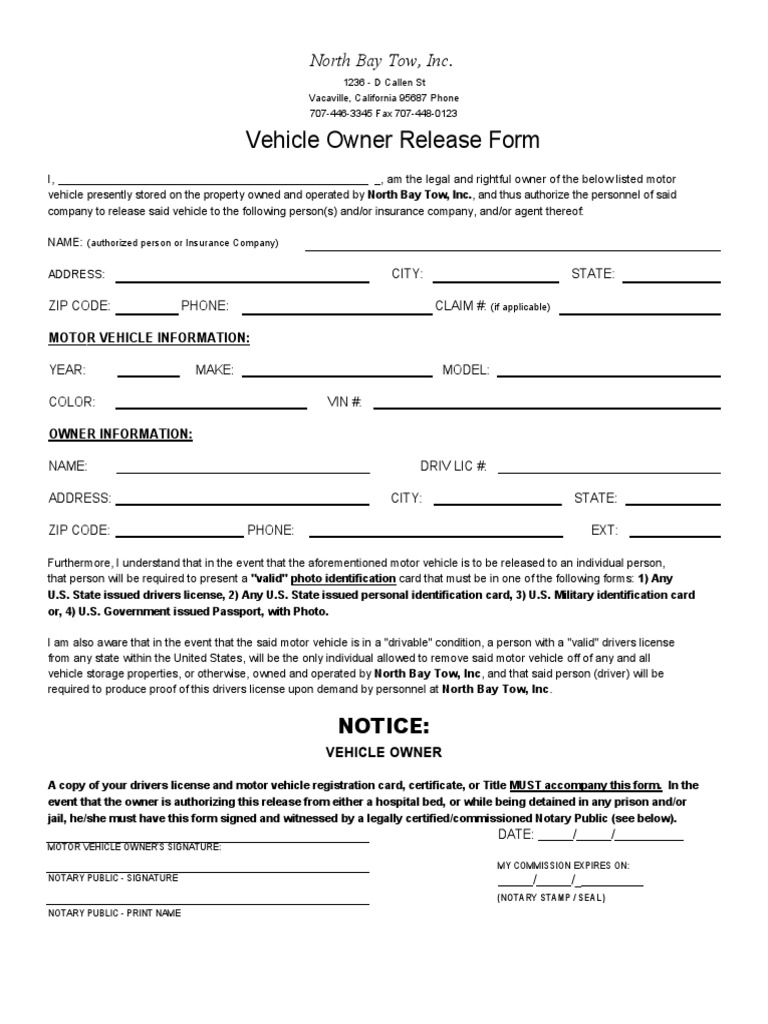 Vehicle Owner Release Form Template | PDF
