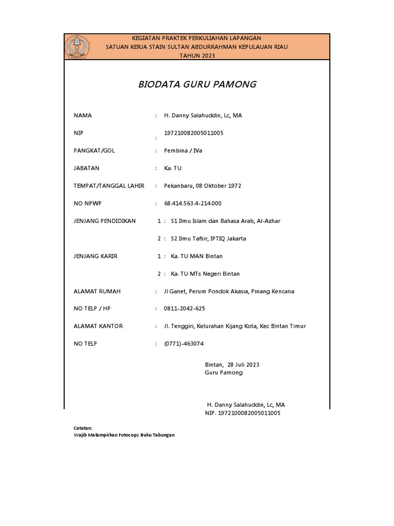 Biodata Guru Pamong | PDF