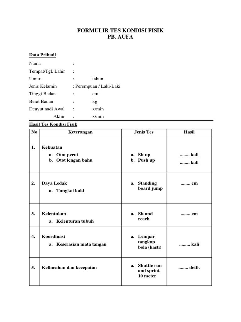 Formulir Tes Kondisi Fisik Pb. Aufa | PDF