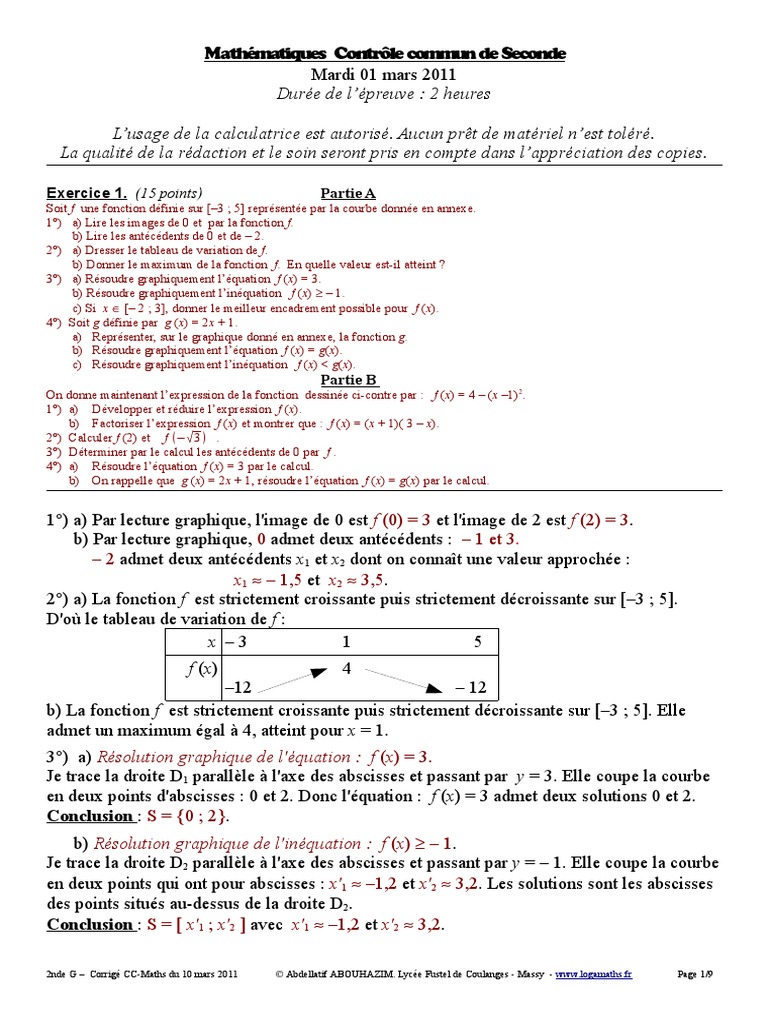 Corrigé Contrôle Maths Seconde 2011 | PDF | Fonction (Mathématiques ...