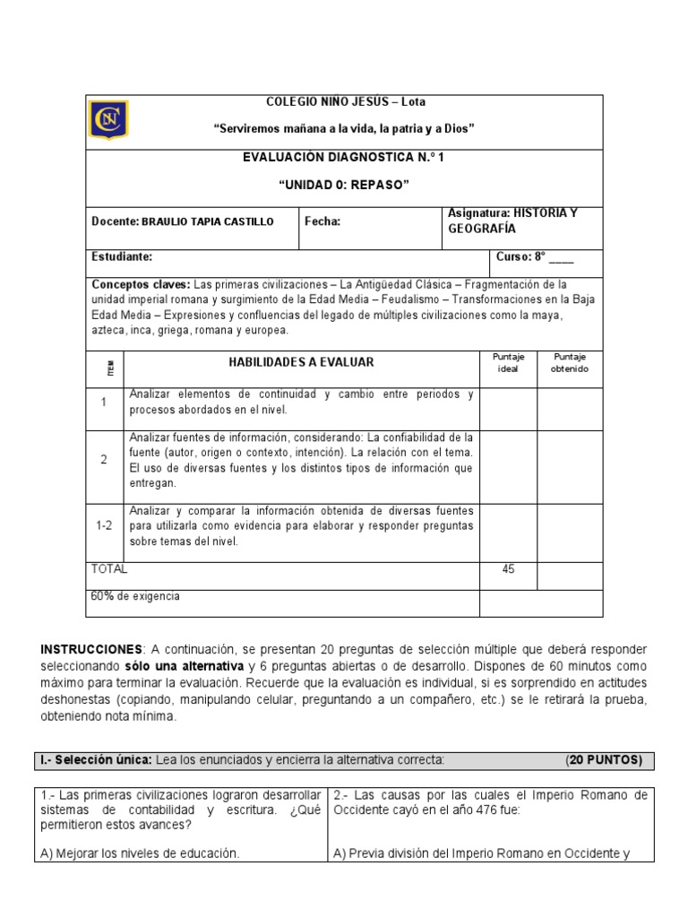 Evaluación Diagnóstica de Historia 8° | PDF | Edades medias | Feudalismo
