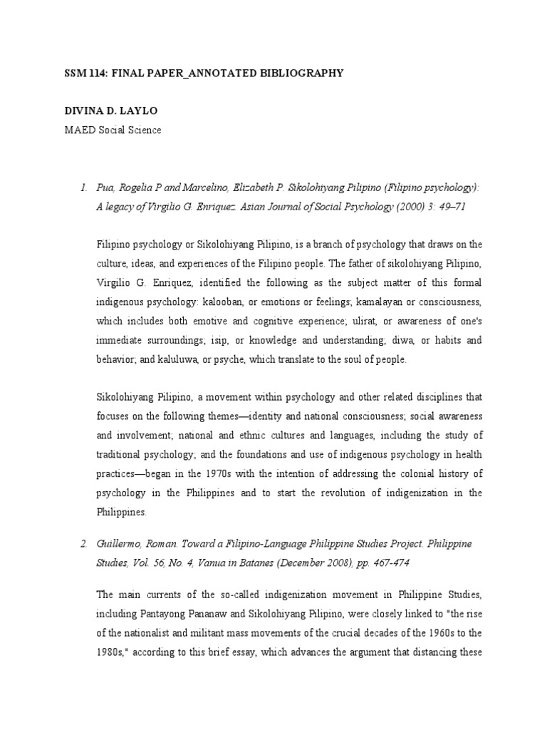 Annotated Bibliography on Filipino Indigenization | PDF | Psychology