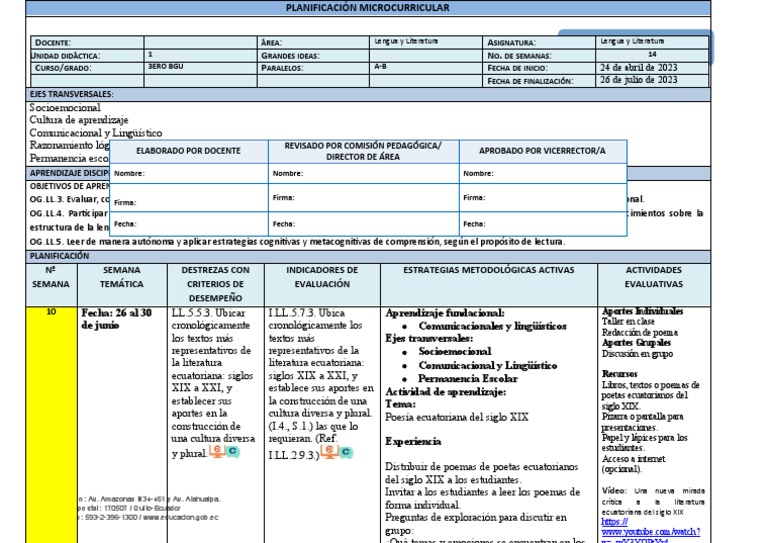 Planificación Lengua y Literatura 3 BGU | PDF | Aprendizaje | Maestros