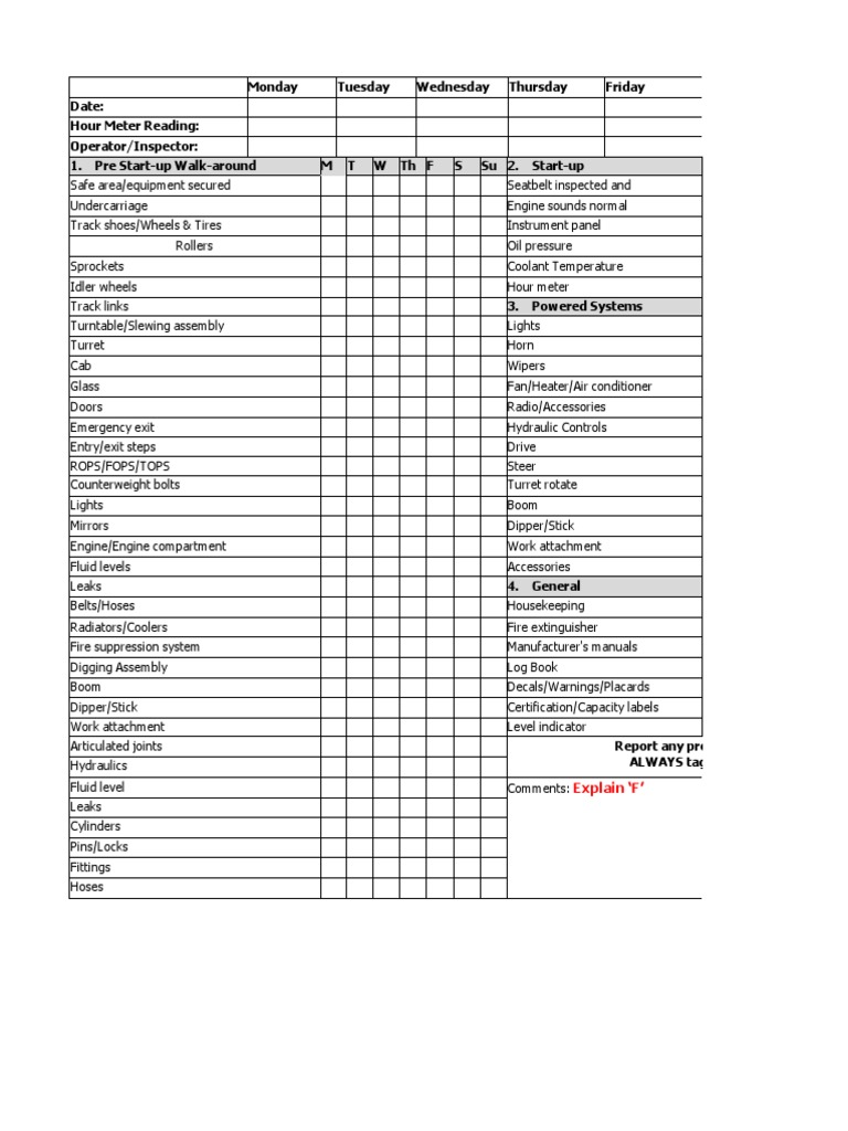 Excavator Daily Inspection Checklist | PDF | Vehicles | Manufactured Goods